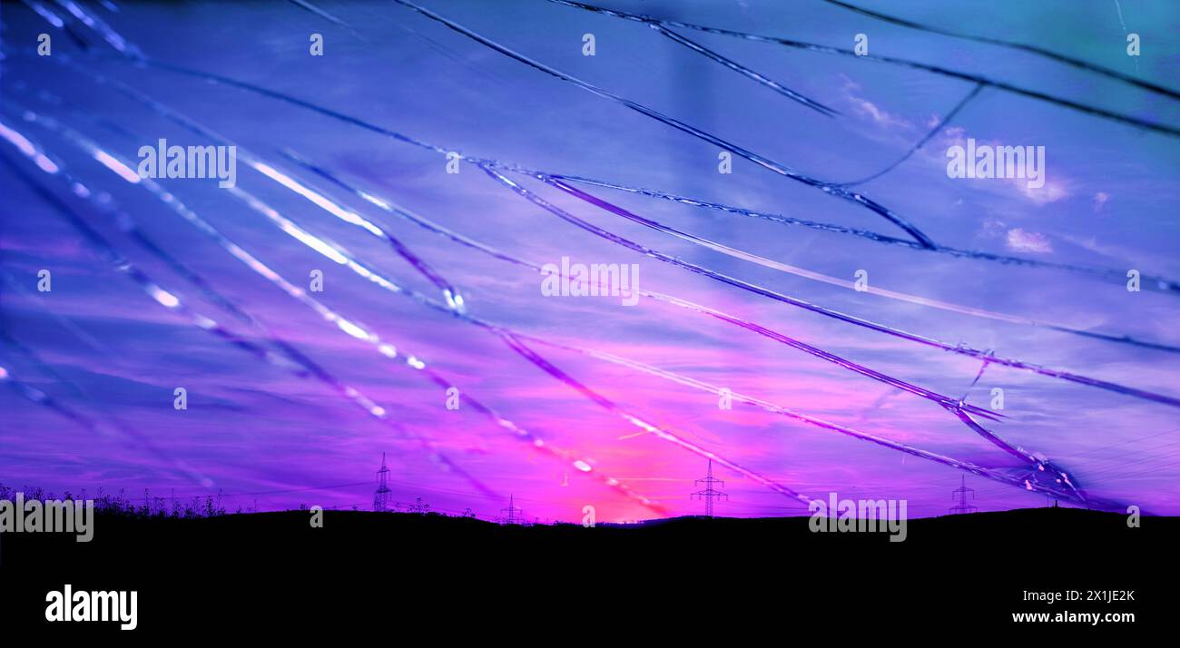 broken glass, beautiful dramatic landscape, sky with airplane trail ...