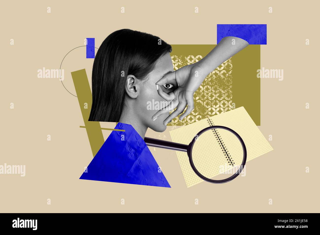 Composite photo collage of strange girl hand hold eye stare spy ...