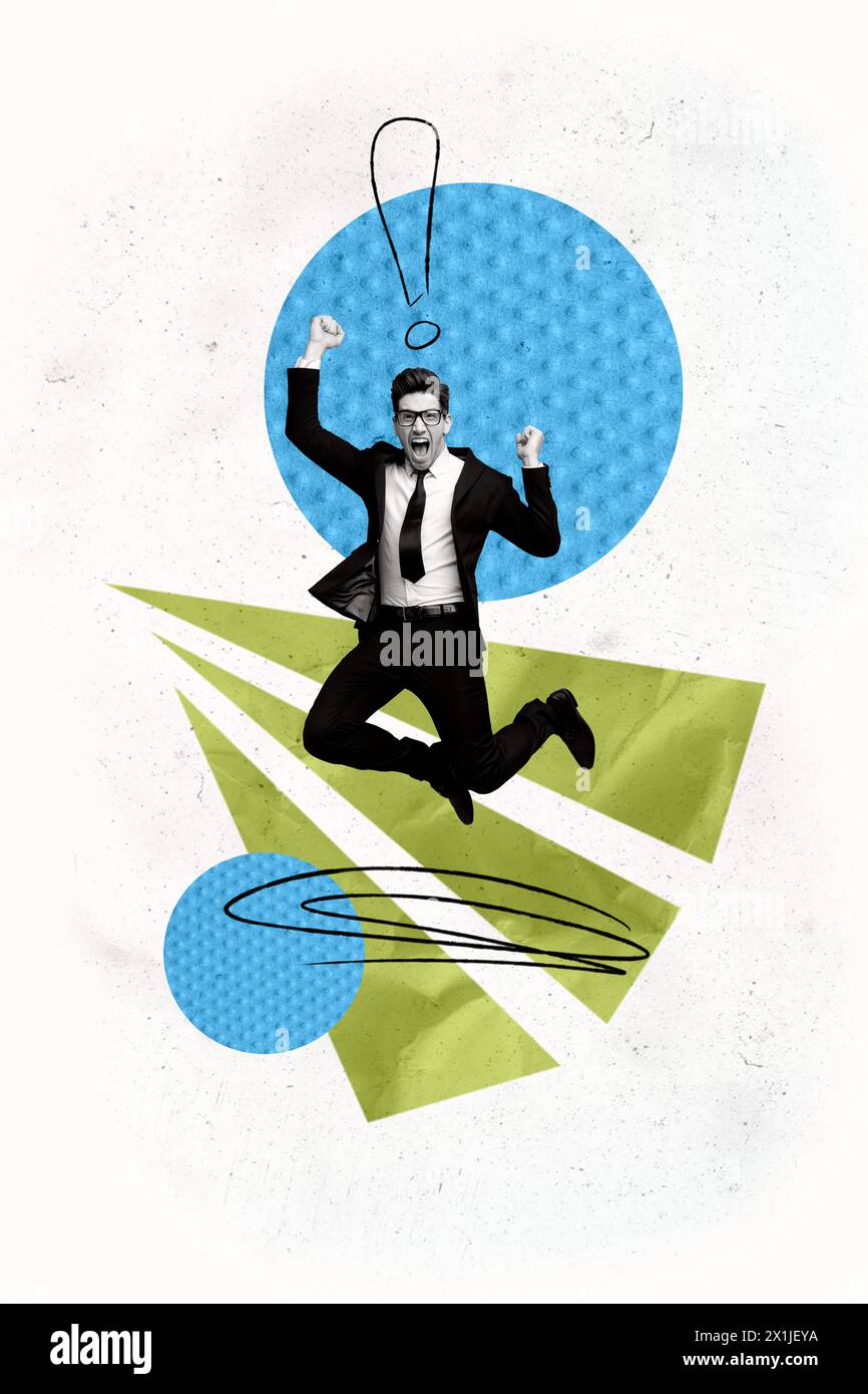 Vertical photo collage of happy excited young businessman jump ...