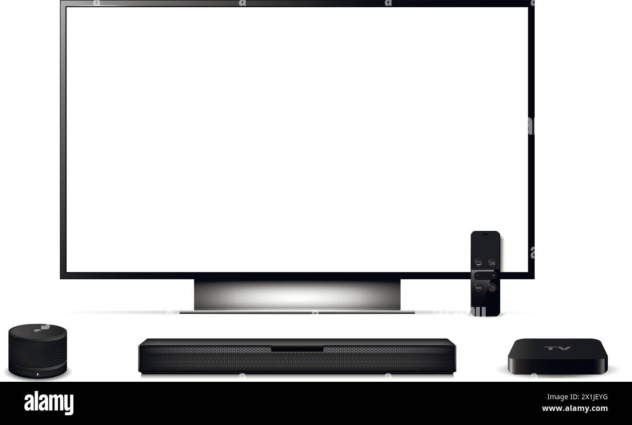 Modern oled tv with sound bar, tv set-top box and smart speaker. Vector ...
