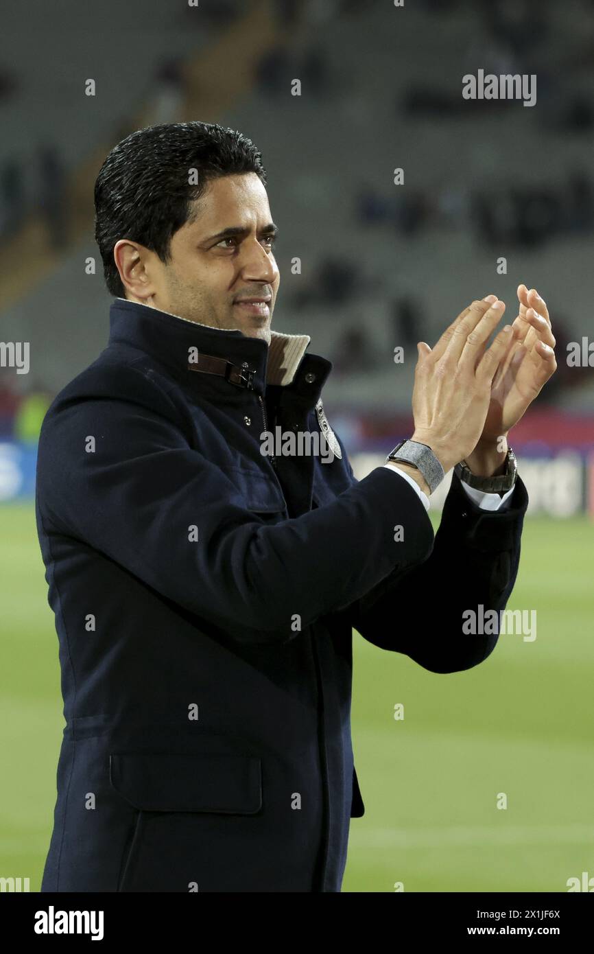 PSG President Nasser Al Khelaifi salutes the supporters following the ...