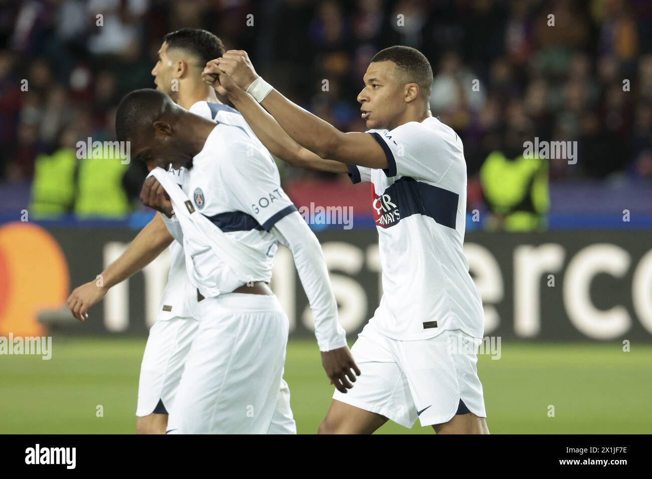 Kylian Mbappe of PSG celebrates his first goal during the UEFA ...