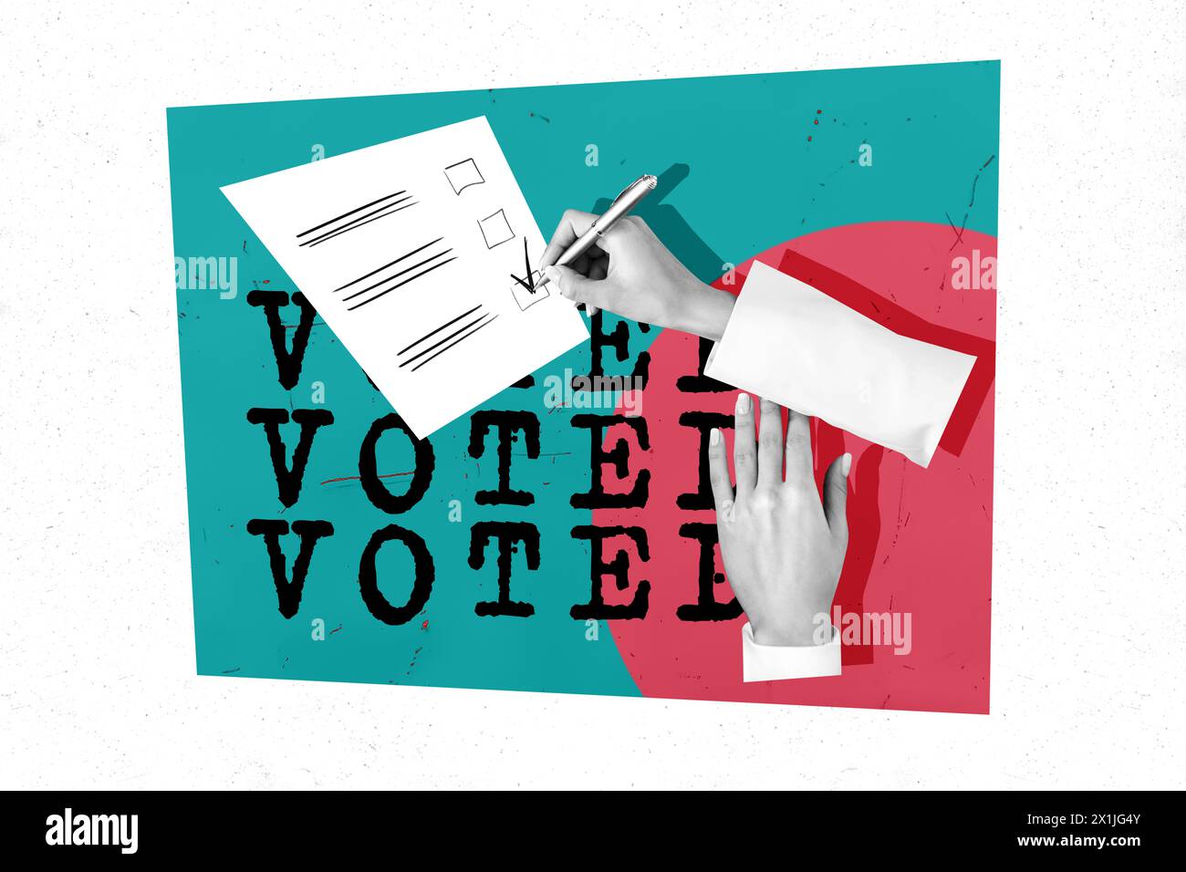 Creative collage picture human hands writing down check tick select ...