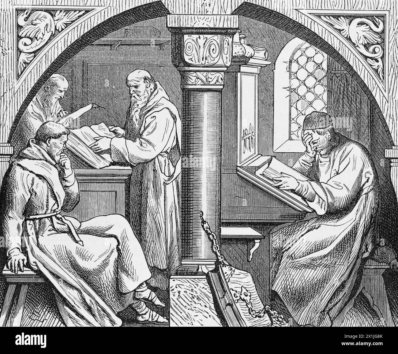 Monks studying and reading the bible, monastery in the Middle Ages ...