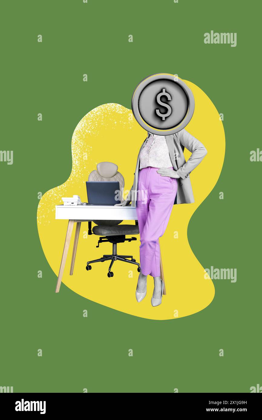 Creative vertical collage picture standing headless woman huge coin ...