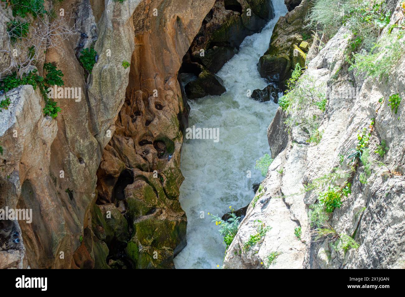 Caminito del Ray, The King's Path. Walkway pinned along the steep walls ...