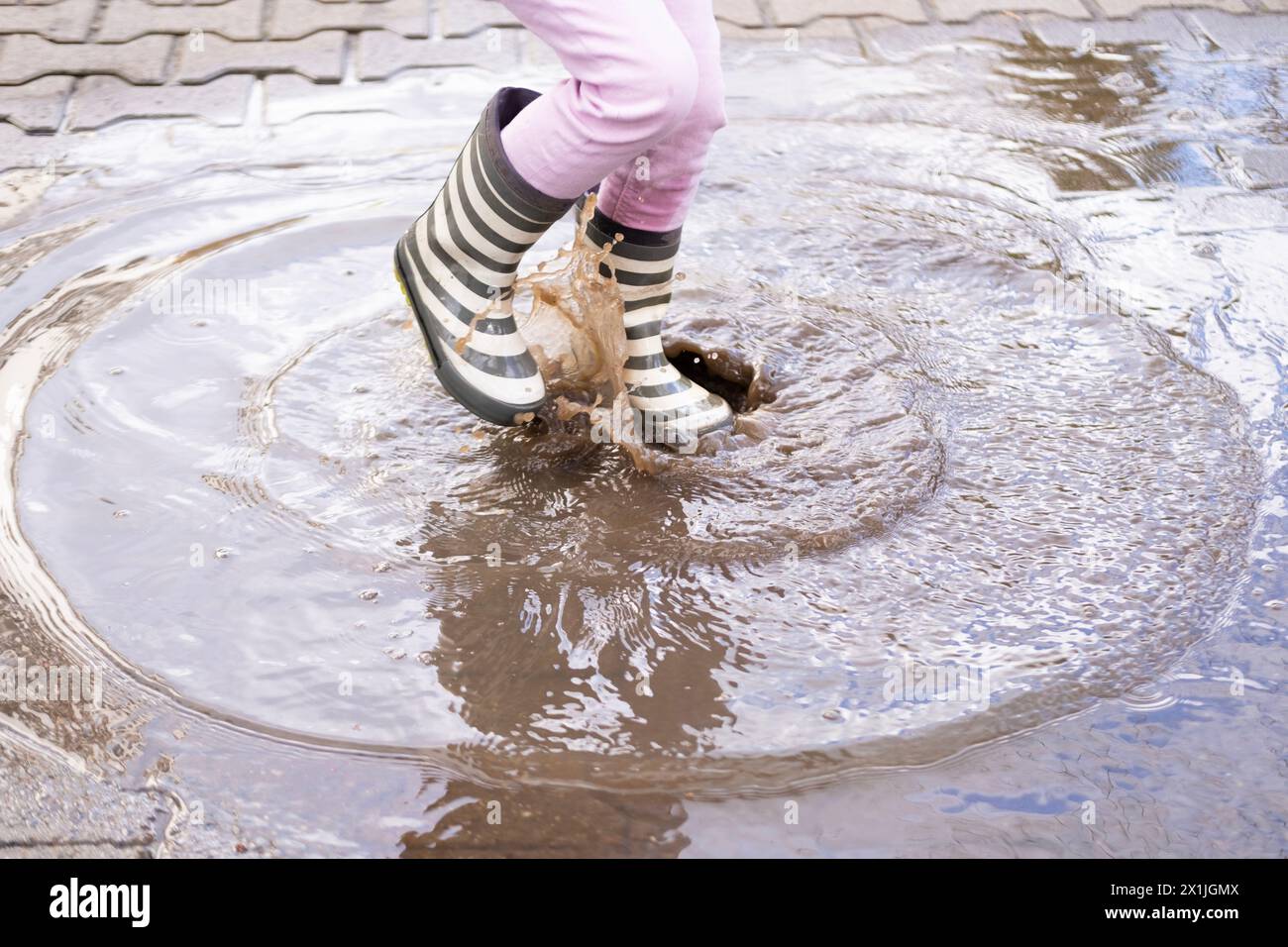 closeup 5-year-old girl joyfully jumps in puddle wearing rubber boots ...