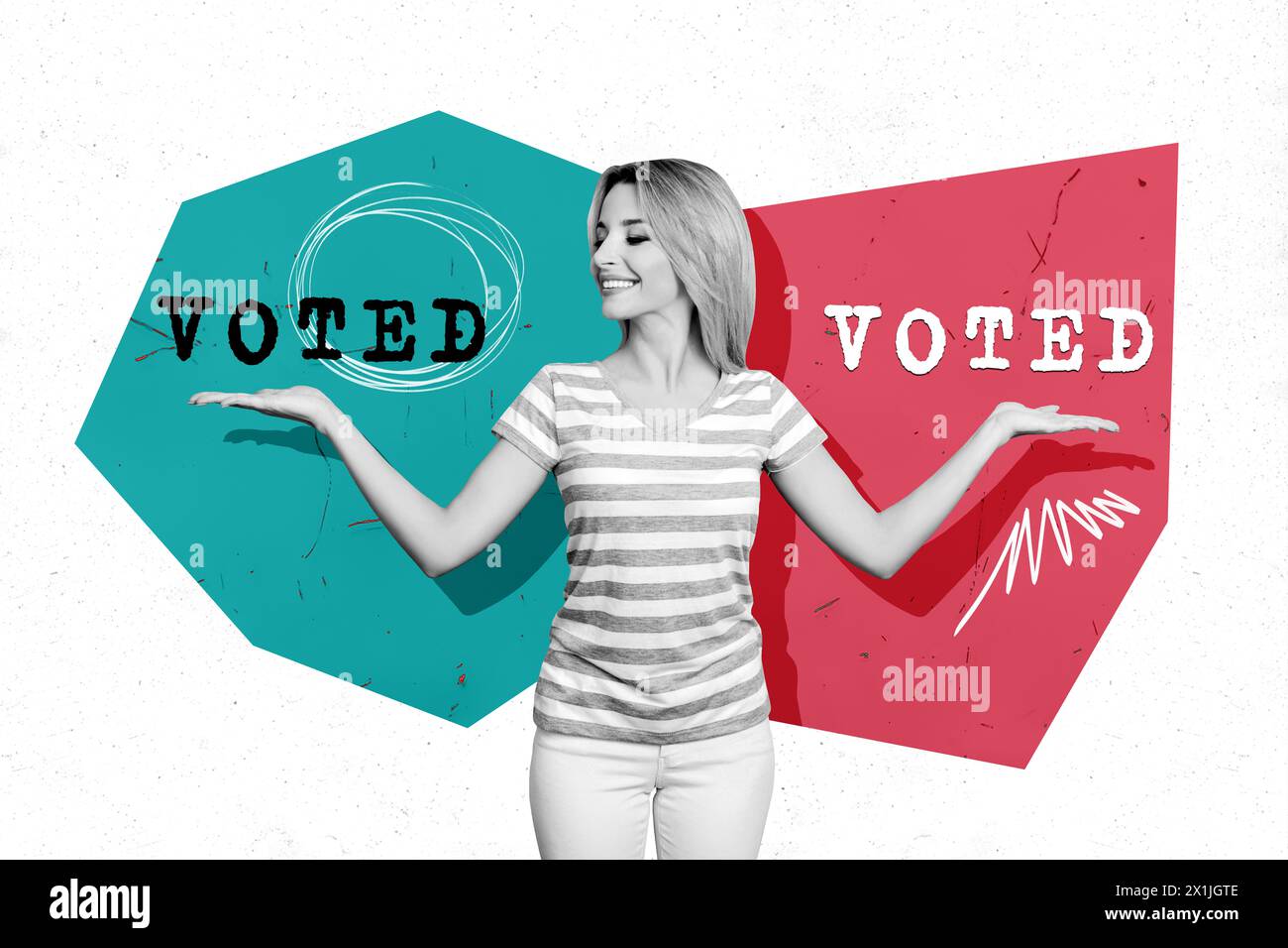 Composite photo collage of happy girl make decision party opponent half ...