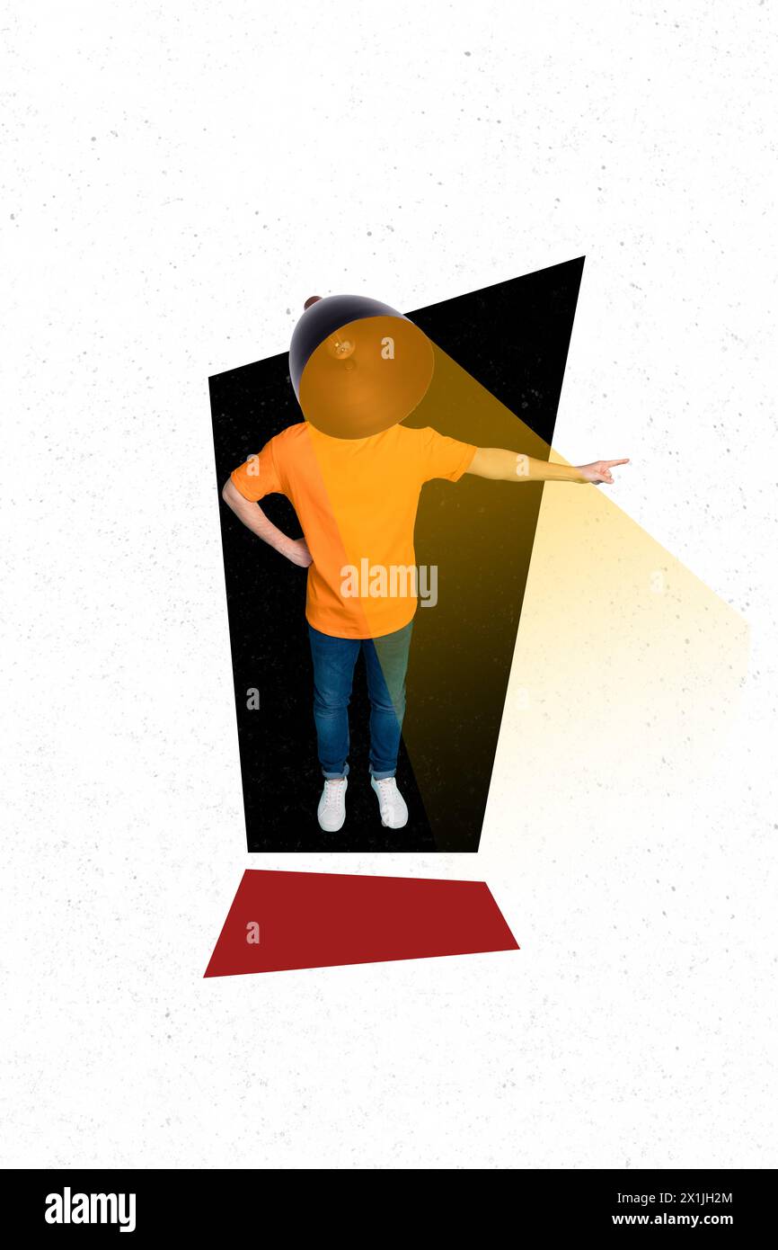 Vertical photo collage of young guy instead head light lump bulb supply ...