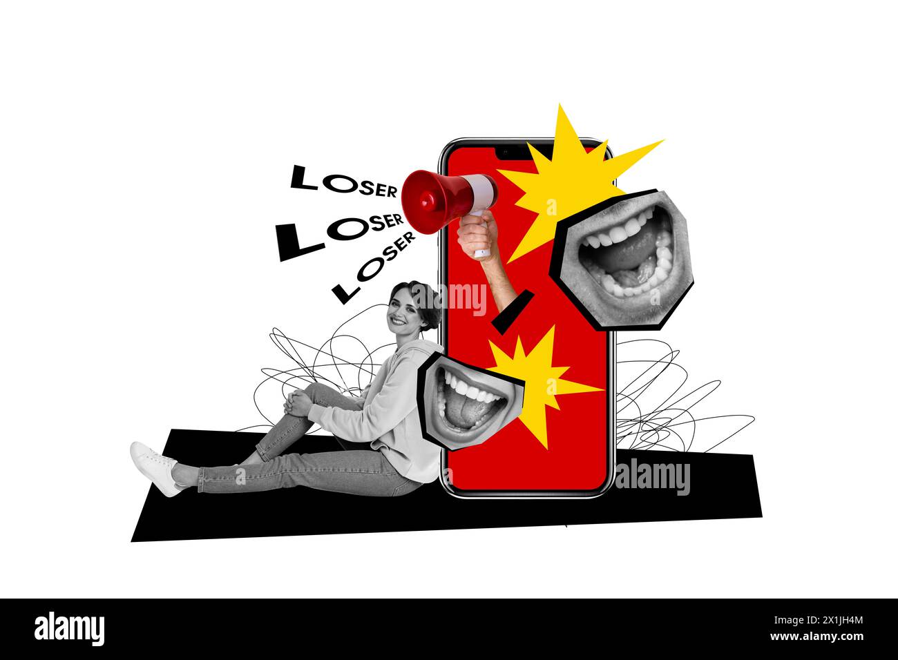 Composite photo collage of pretty girl huge iphone scream cyberbully ...