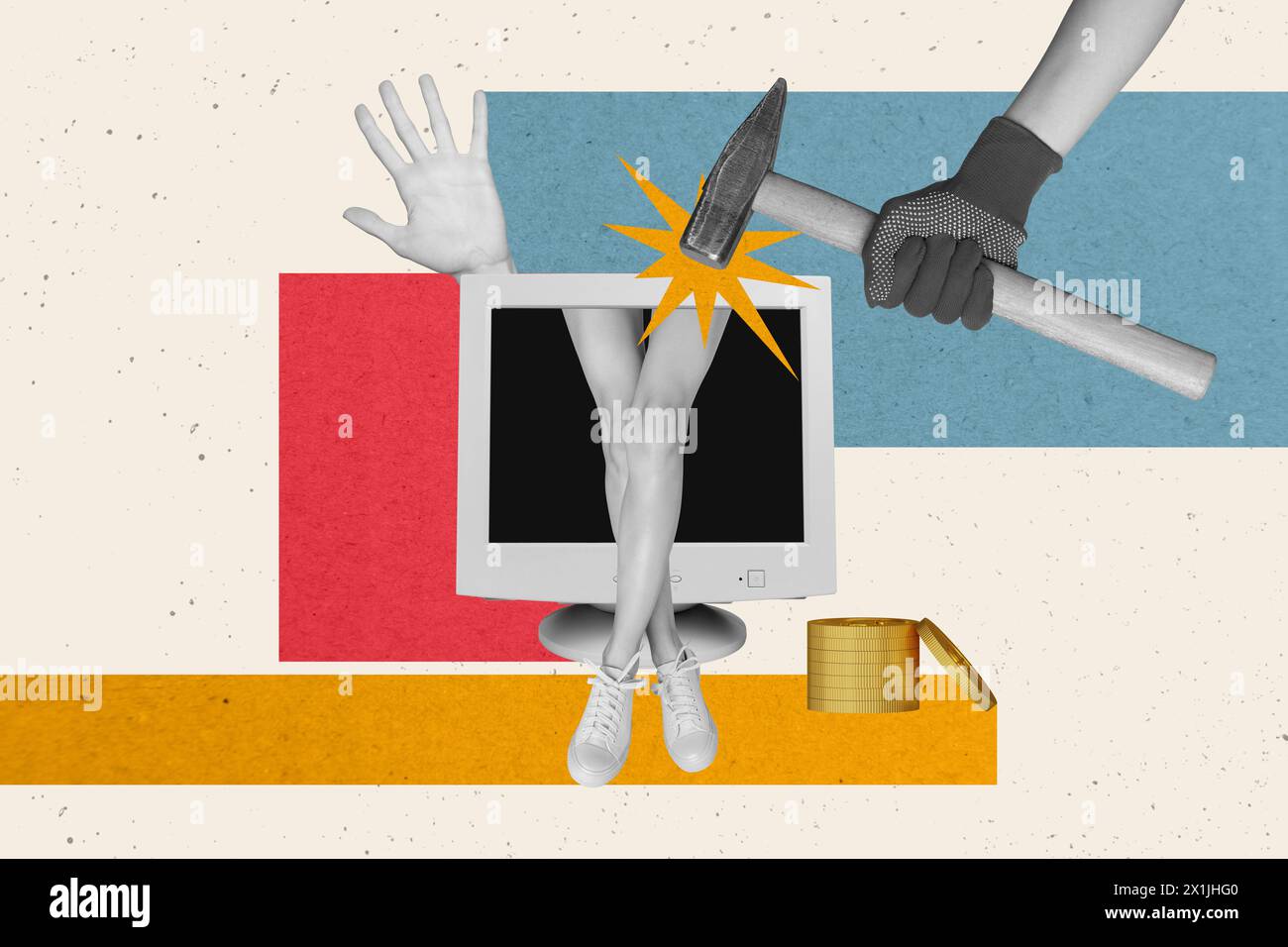 Creative photo collage computer screen hand master hold hammer smash ...