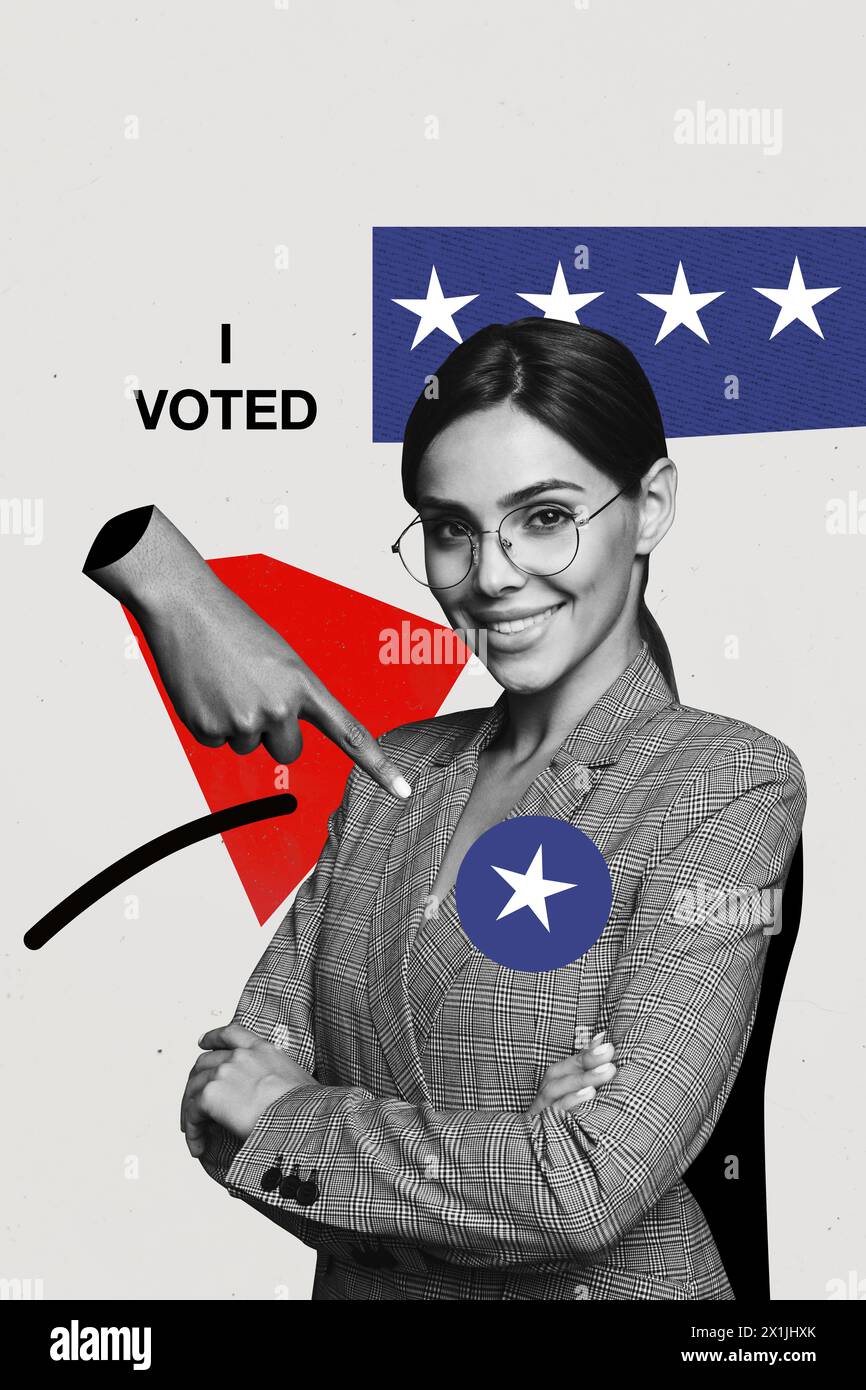 Vertical creative collage cheerful young pretty businesswoman authority ...