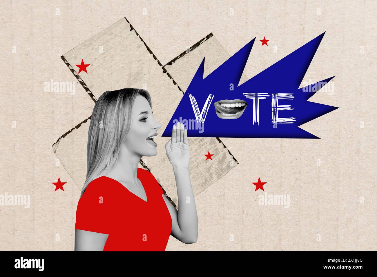 Creative collage picture happy young pretty girl agitate vote election ...