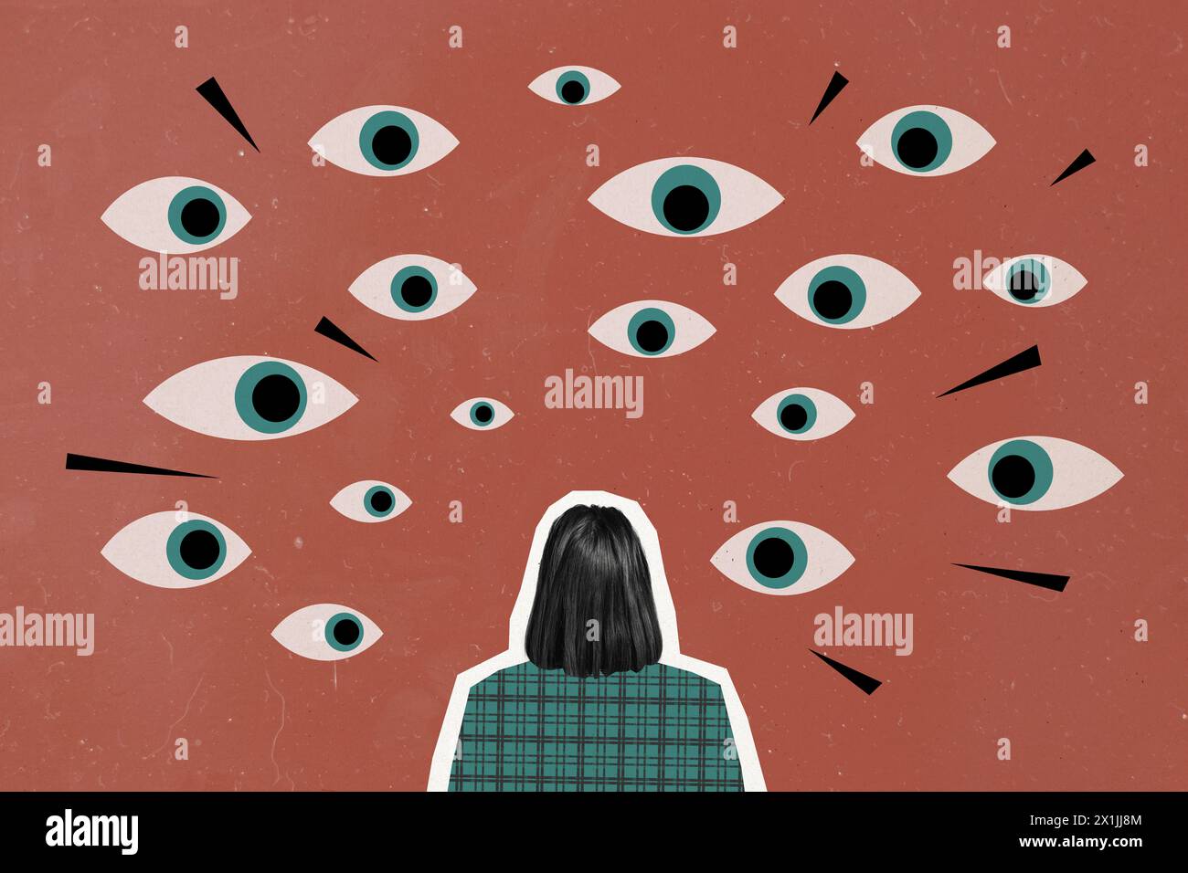 Composite photo collage of young girl stand back creepy pile eyes spy ...