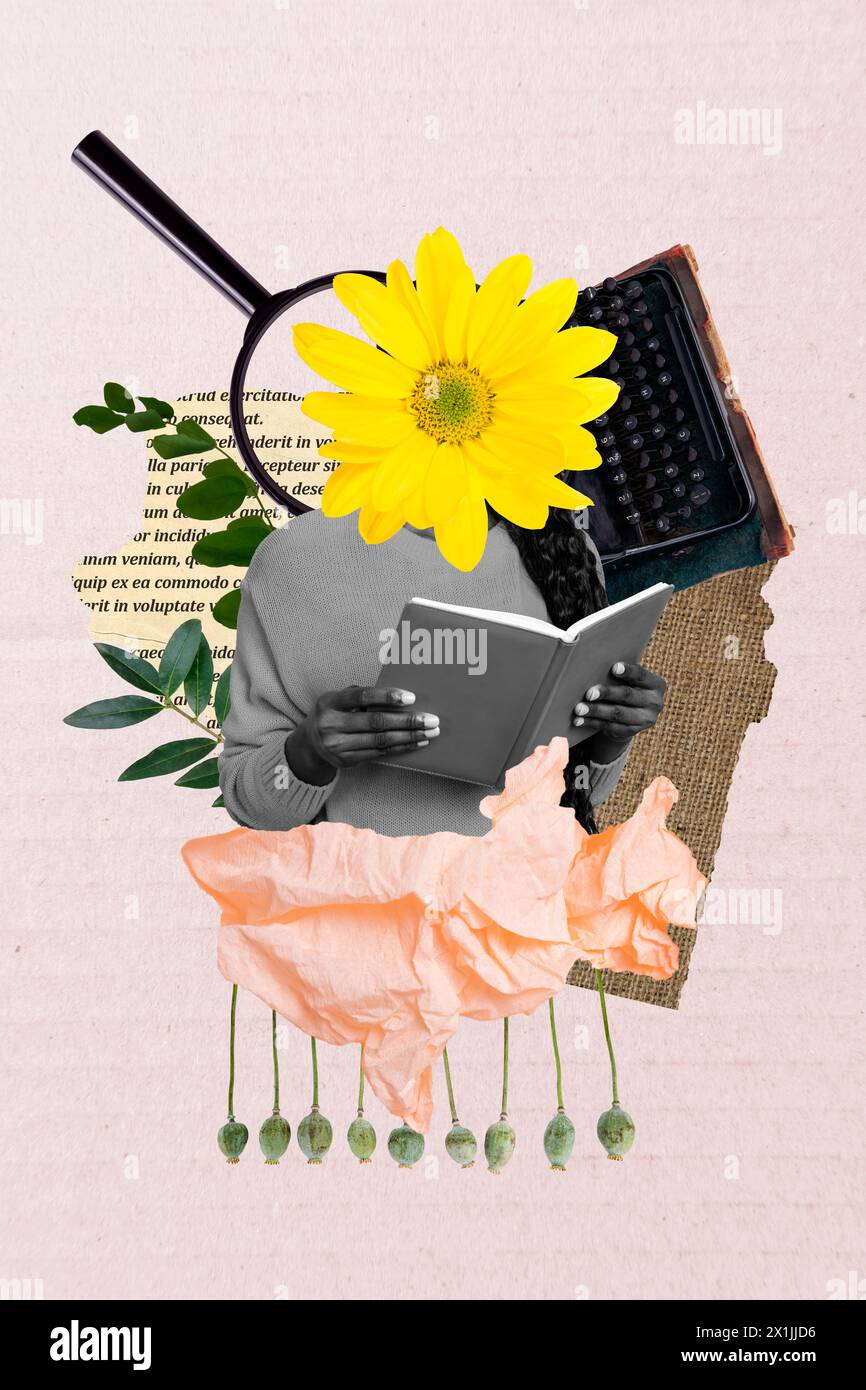Vertical collage image of headless woman daisy sunflower reading book ...