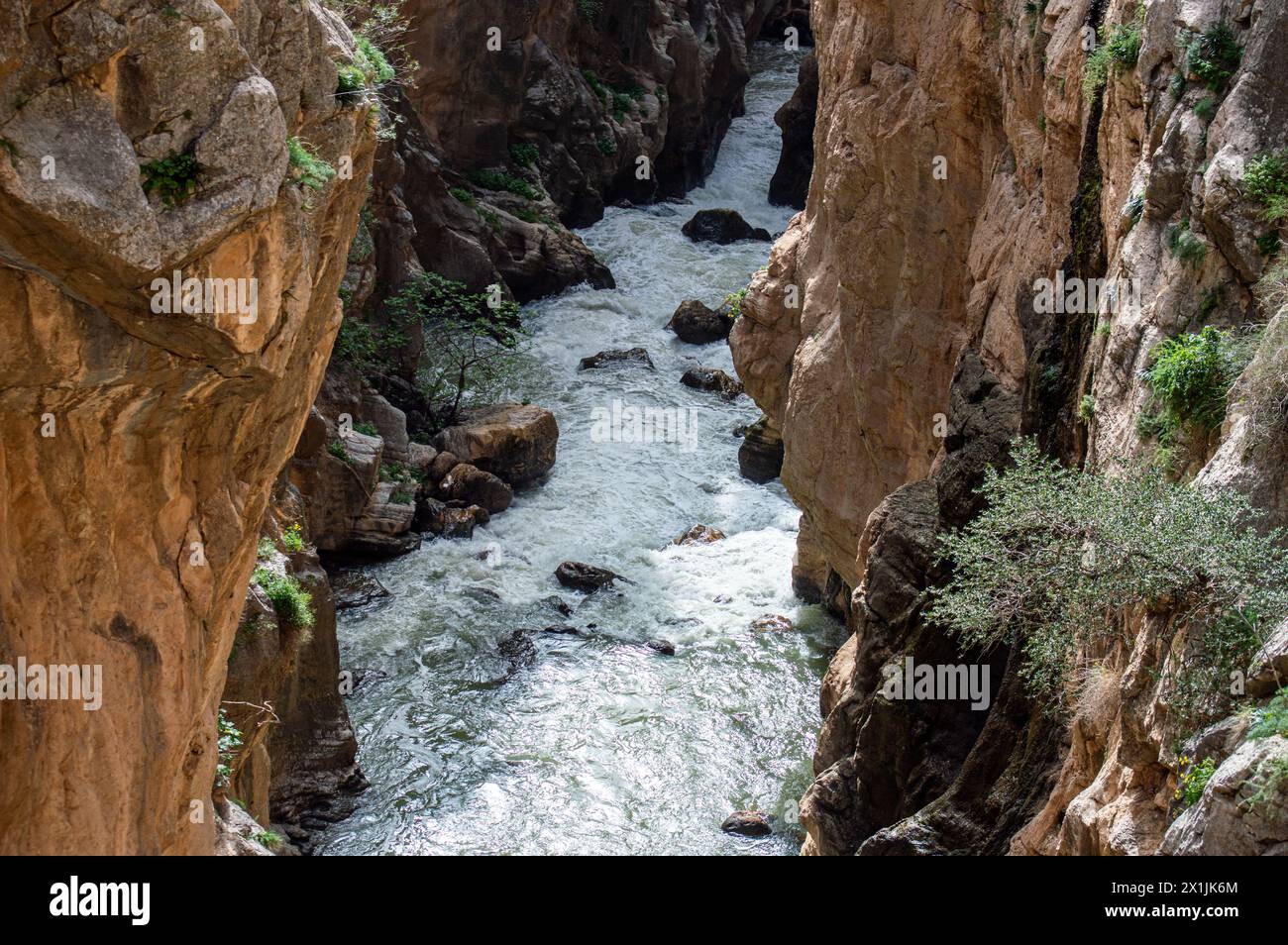 Caminito del Ray, The King's Path. Walkway pinned along the steep walls ...