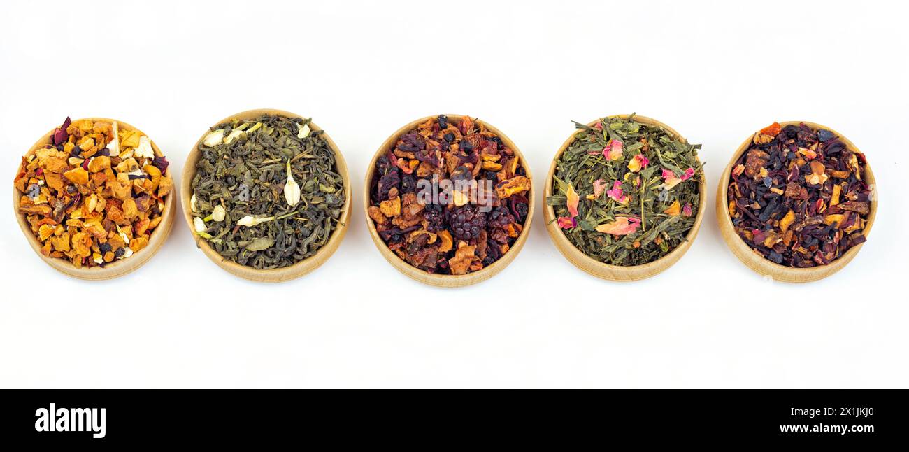 different types of tea on a white background. a kind of delicious tea ...