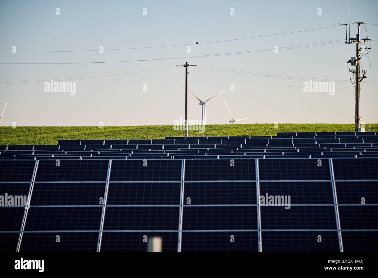 Solar panels against the background of a field with electricity pylons ...