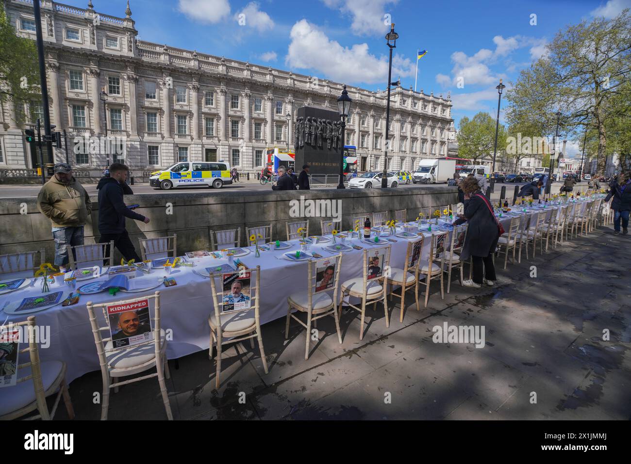 London 17 April 2024 . Empty tables are laid opposite Downing Street to ...