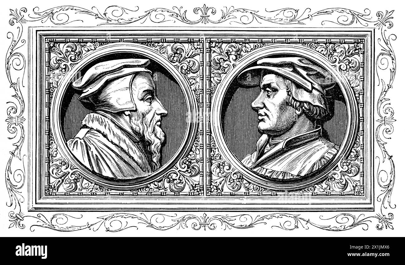 Portrait of the Swiss reformer Zwingli and french born Calvin, historic ...
