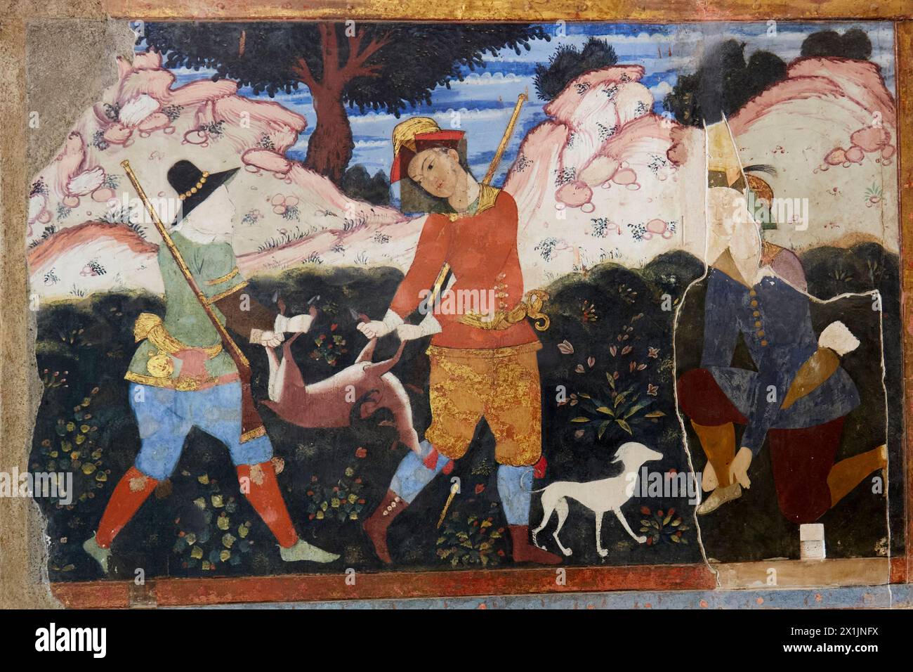 Close up view of a colorful fresco inside the Chehel Sotoun Palace ...