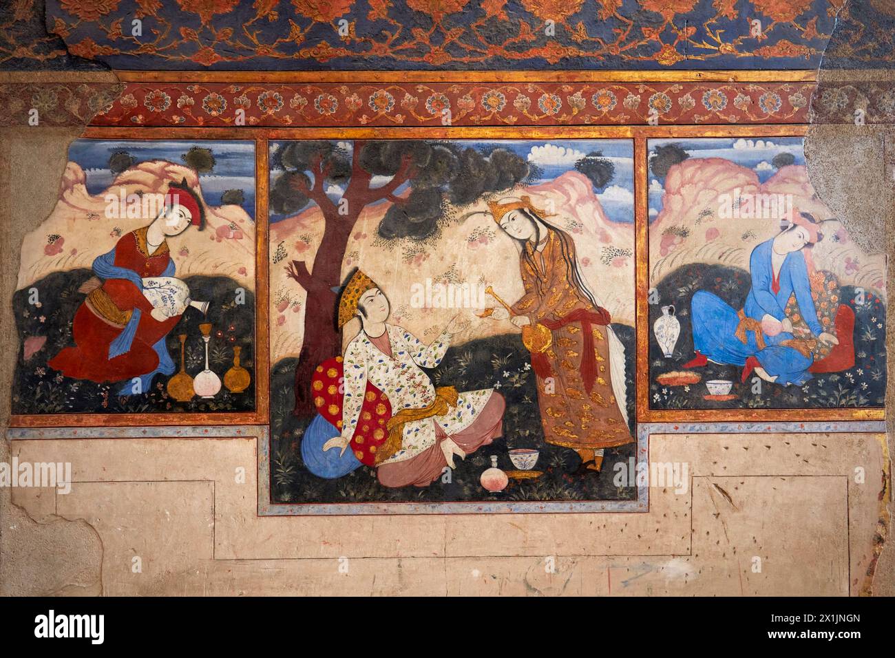 Close up view of colorful frescoes inside the Chehel Sotoun Palace ...
