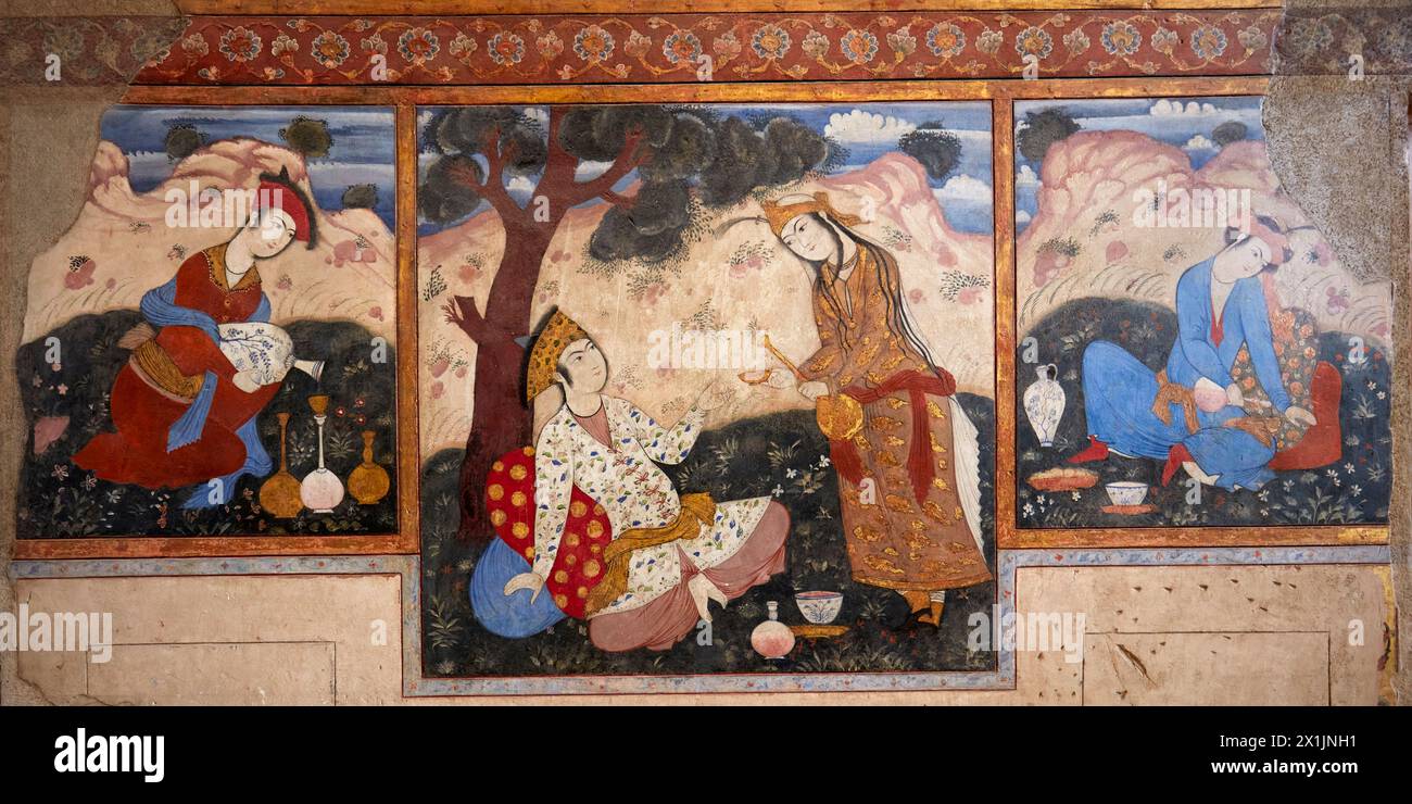 Close up view of colorful frescoes inside the Chehel Sotoun Palace ...