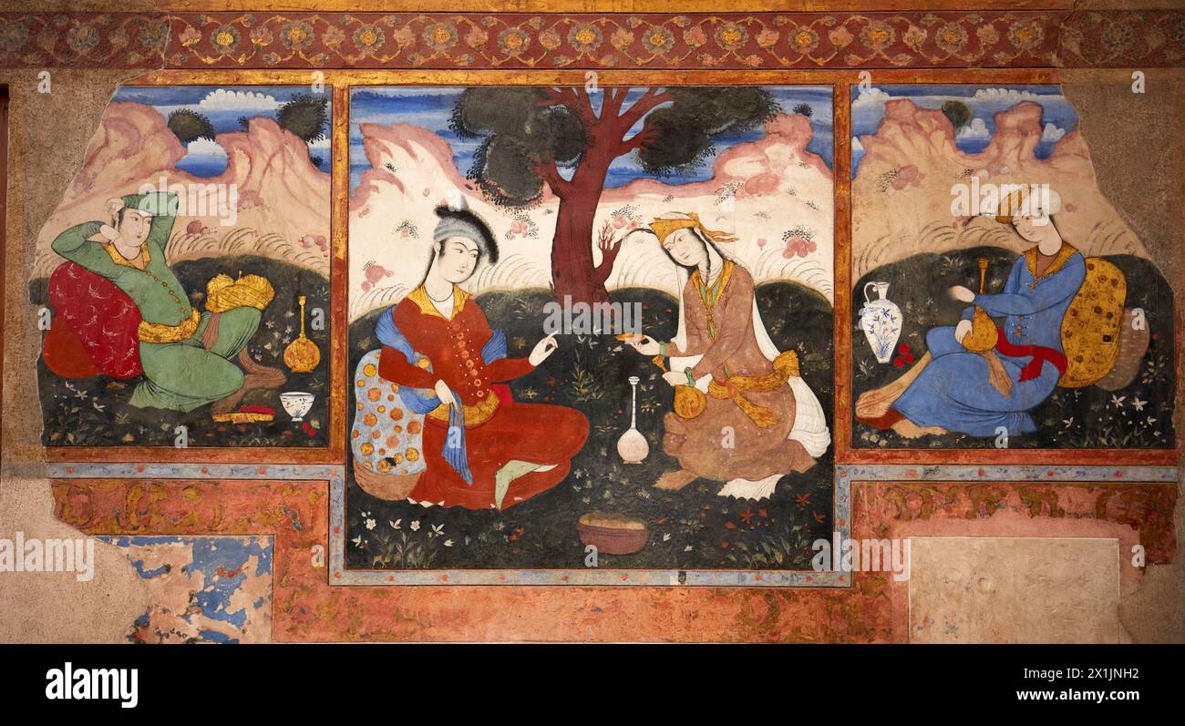 Close up view of colorful frescoes inside the Chehel Sotoun Palace ...