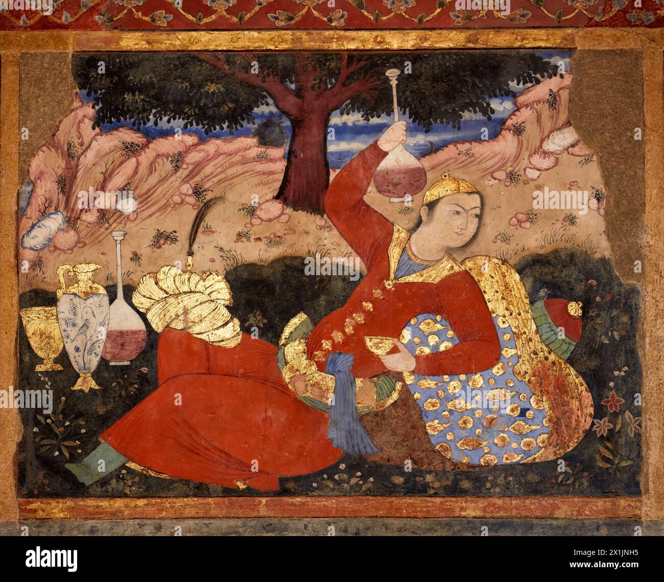 Close up view of a colorful fresco inside the Chehel Sotoun Palace ...