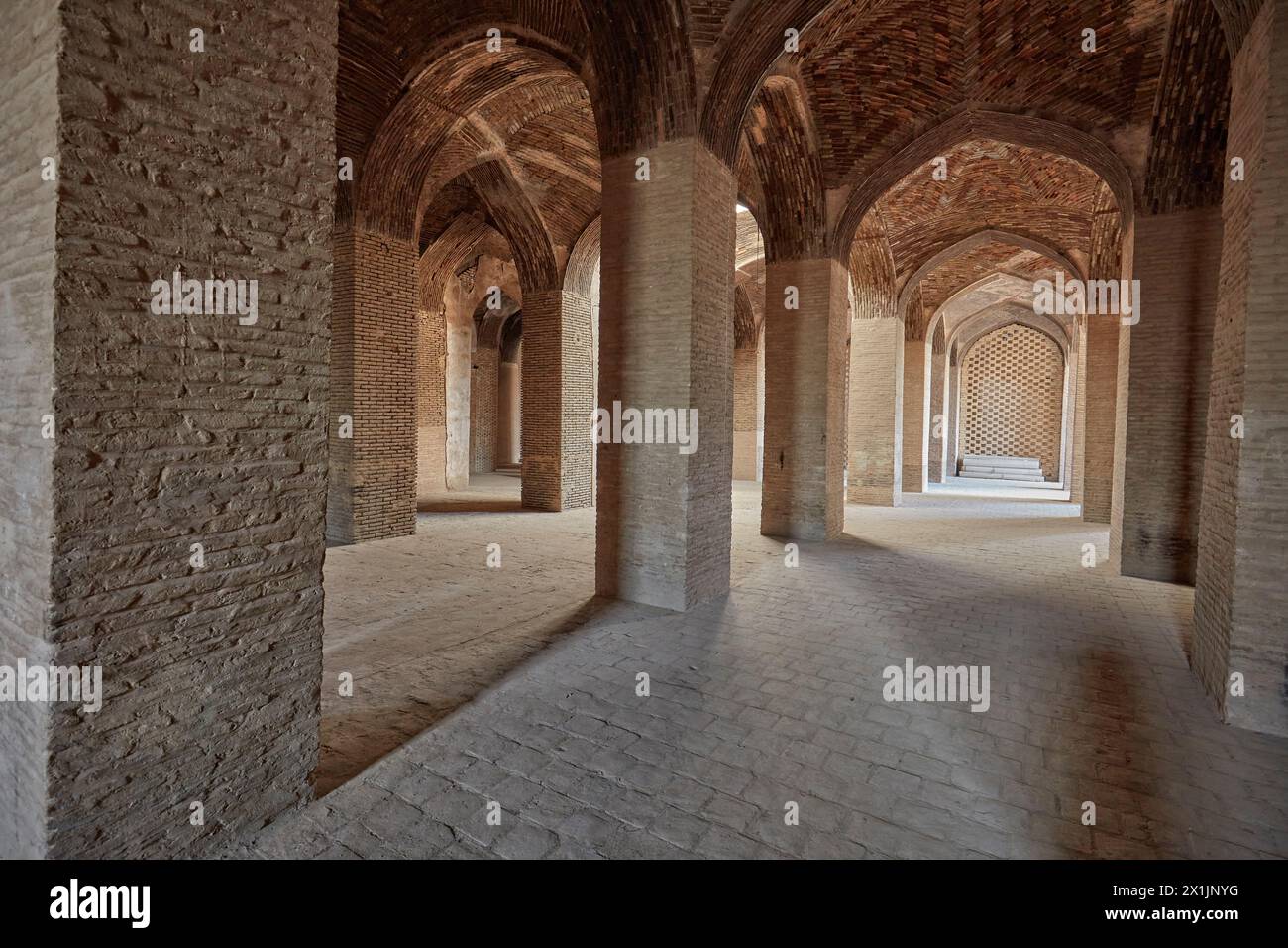 Interior view of hypostyle hall with many pillars supporting roof of brick vaults in the Jameh ...