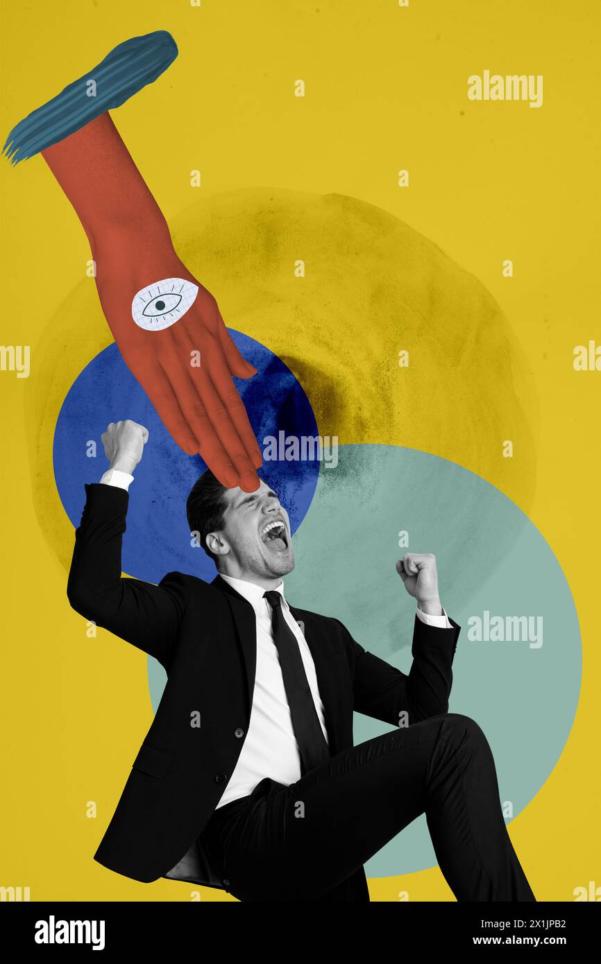 Vertical photo collage of scream guy wear suit fist attack hand eye ...
