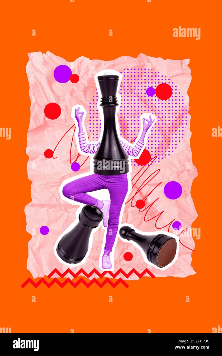 Vertical creative photo collage standing young headless woman chess ...