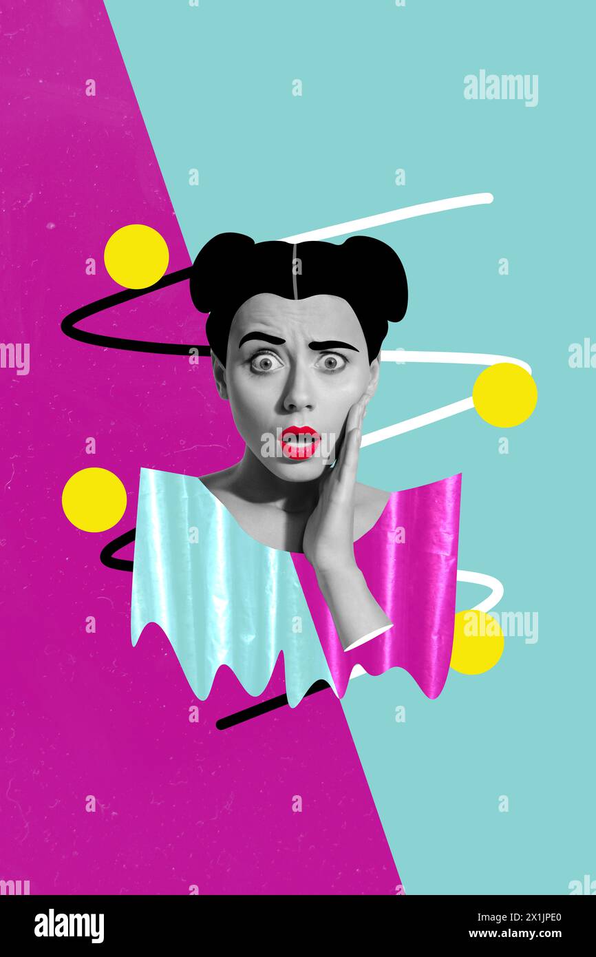 Vertical photo collage of astonished dissatisfied girl freak makeup ...