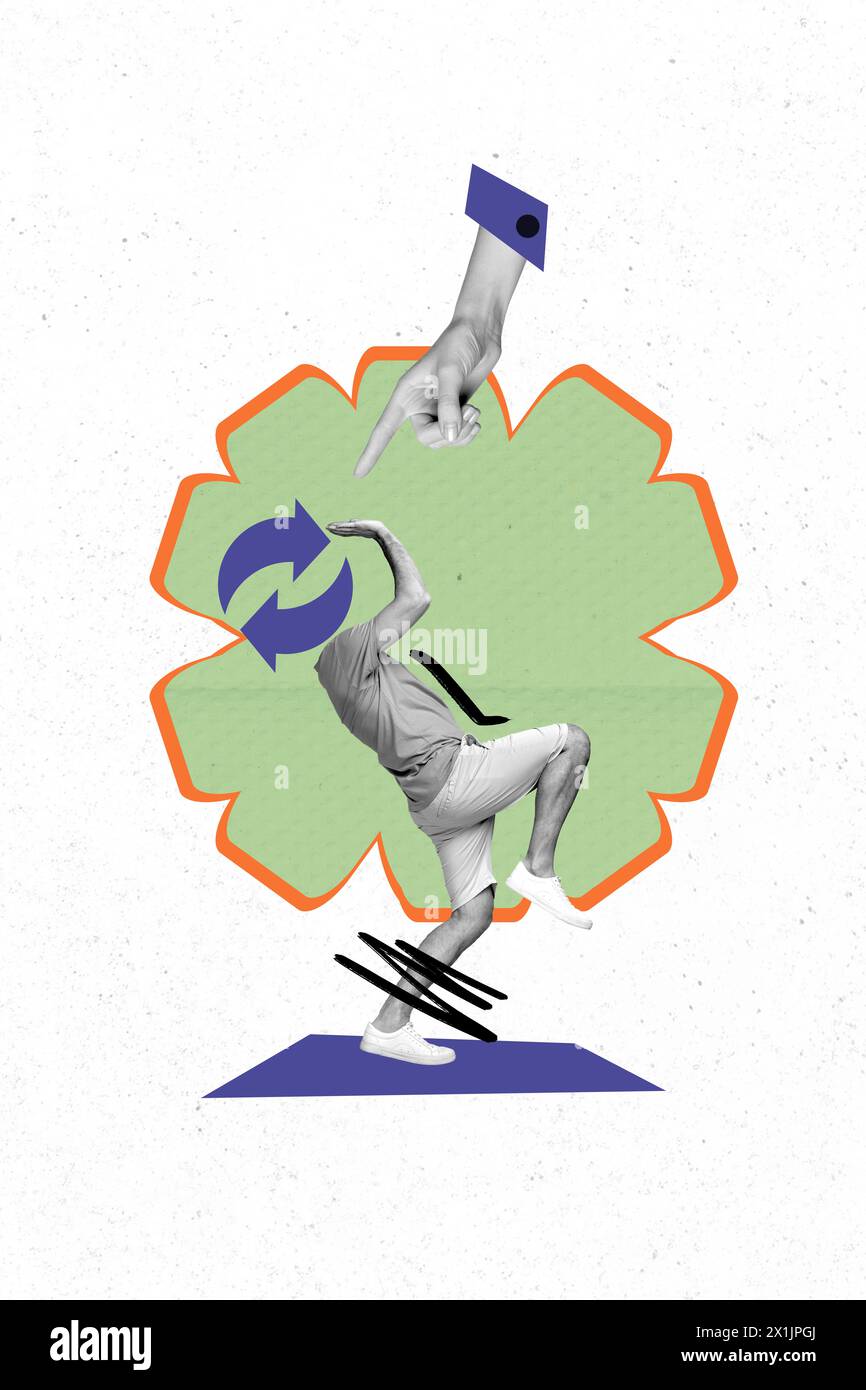 Vertical photo collage of headless guy arrows hand point index finger ...