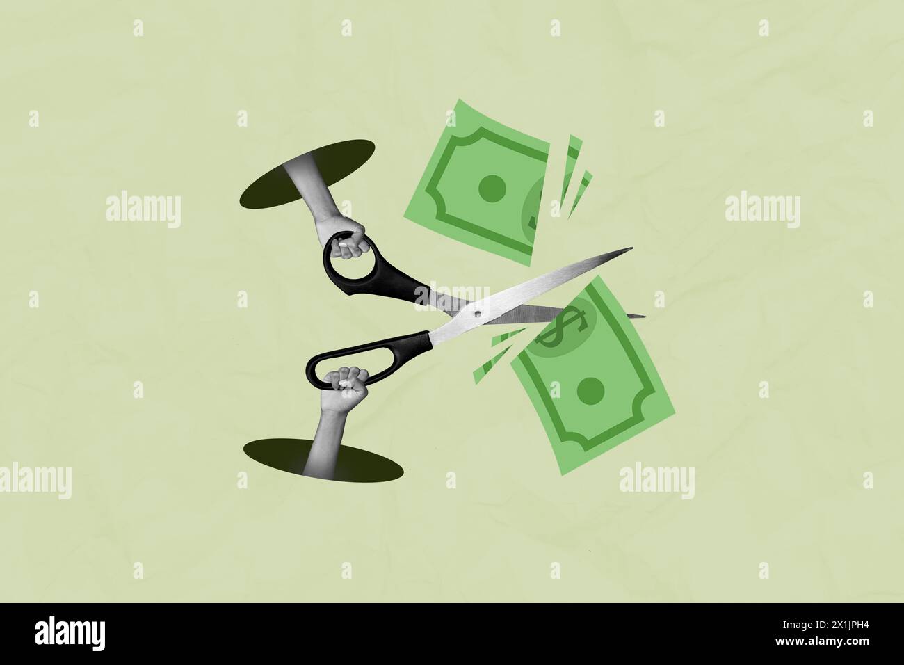 Creative collage picture human hands hold scissors banknote cash cut ...