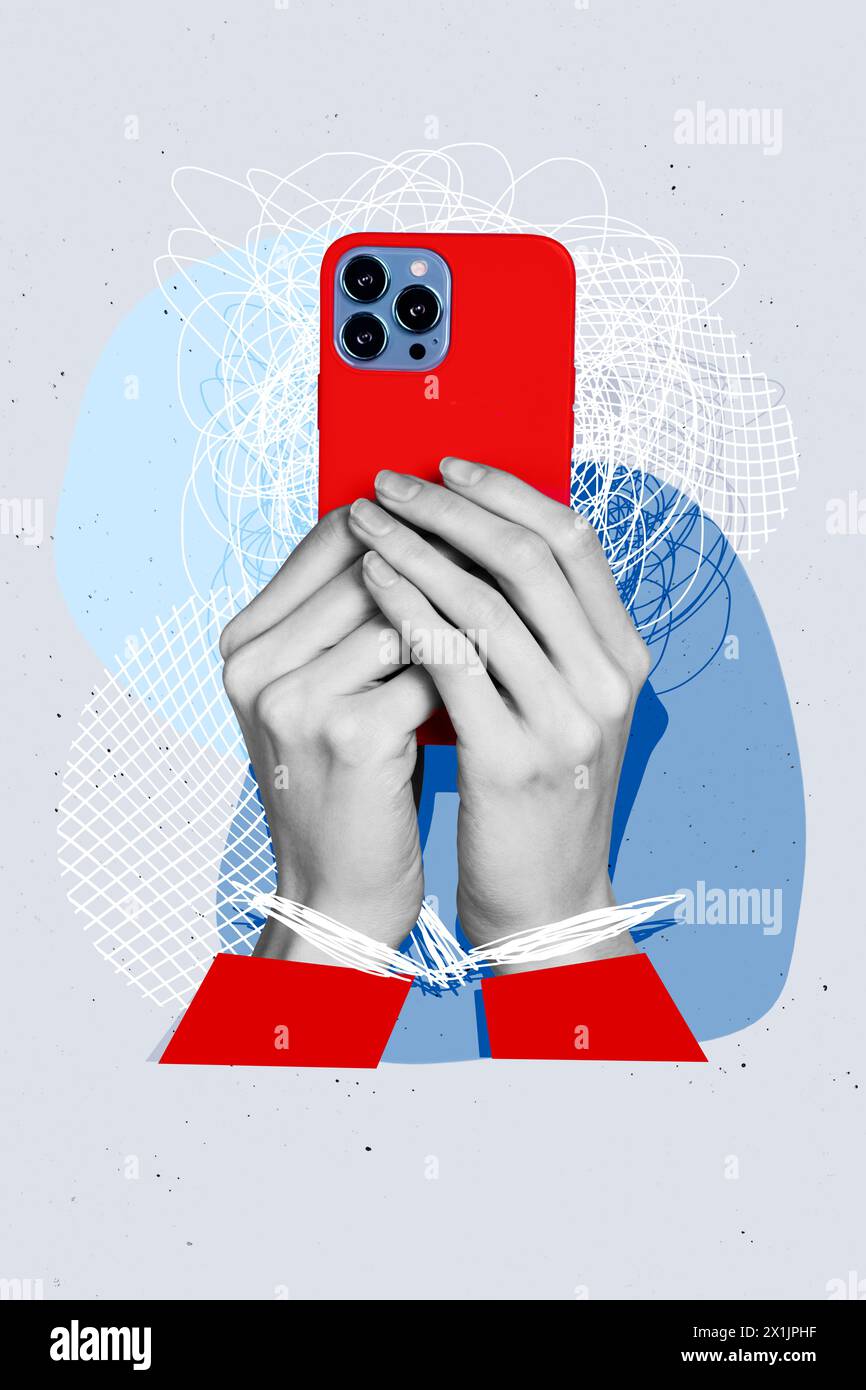 Composite collage picture image of hands hold device telephone handcuff ...