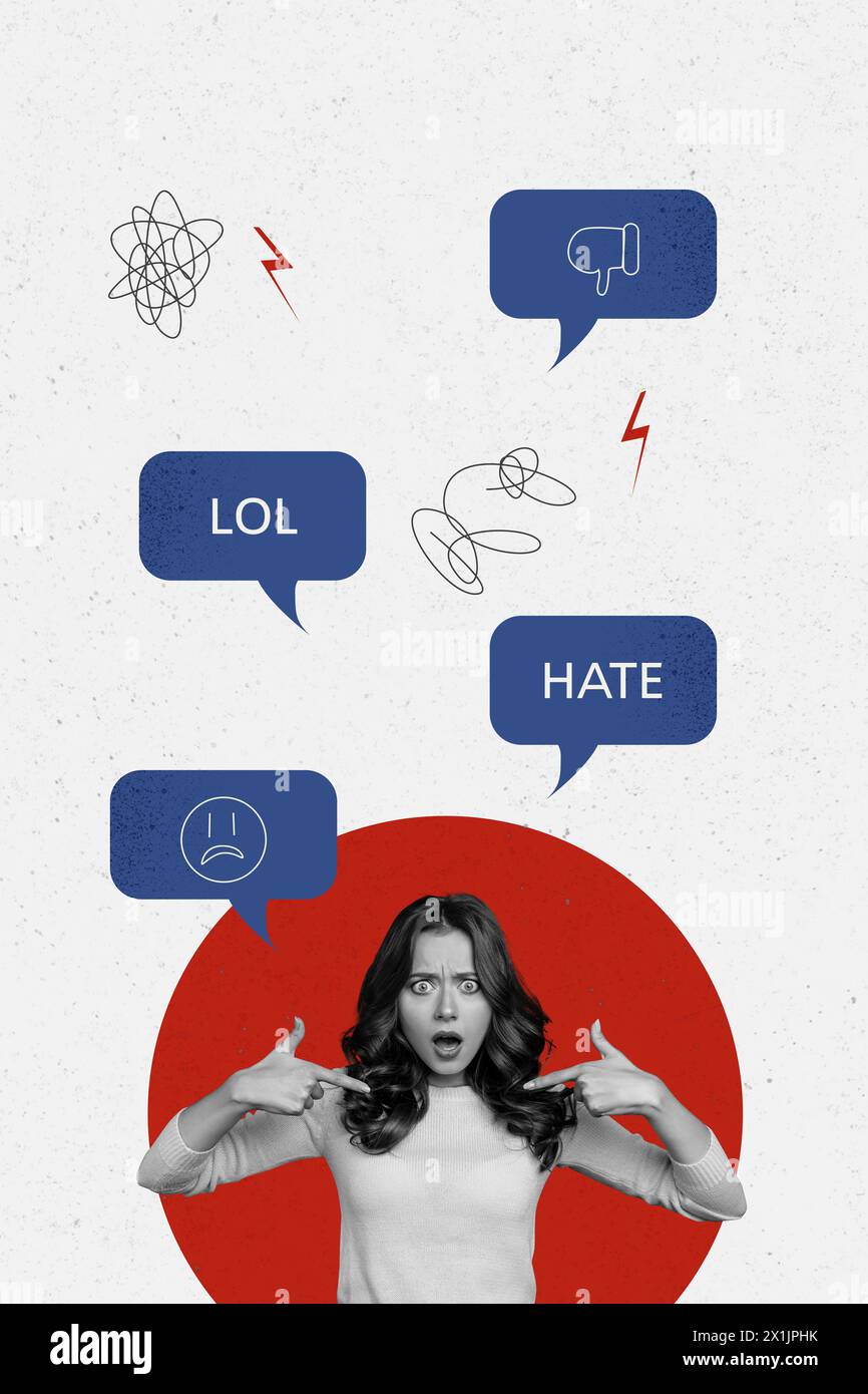 Vertical photo collage of astonished depressed girl point finger hate ...