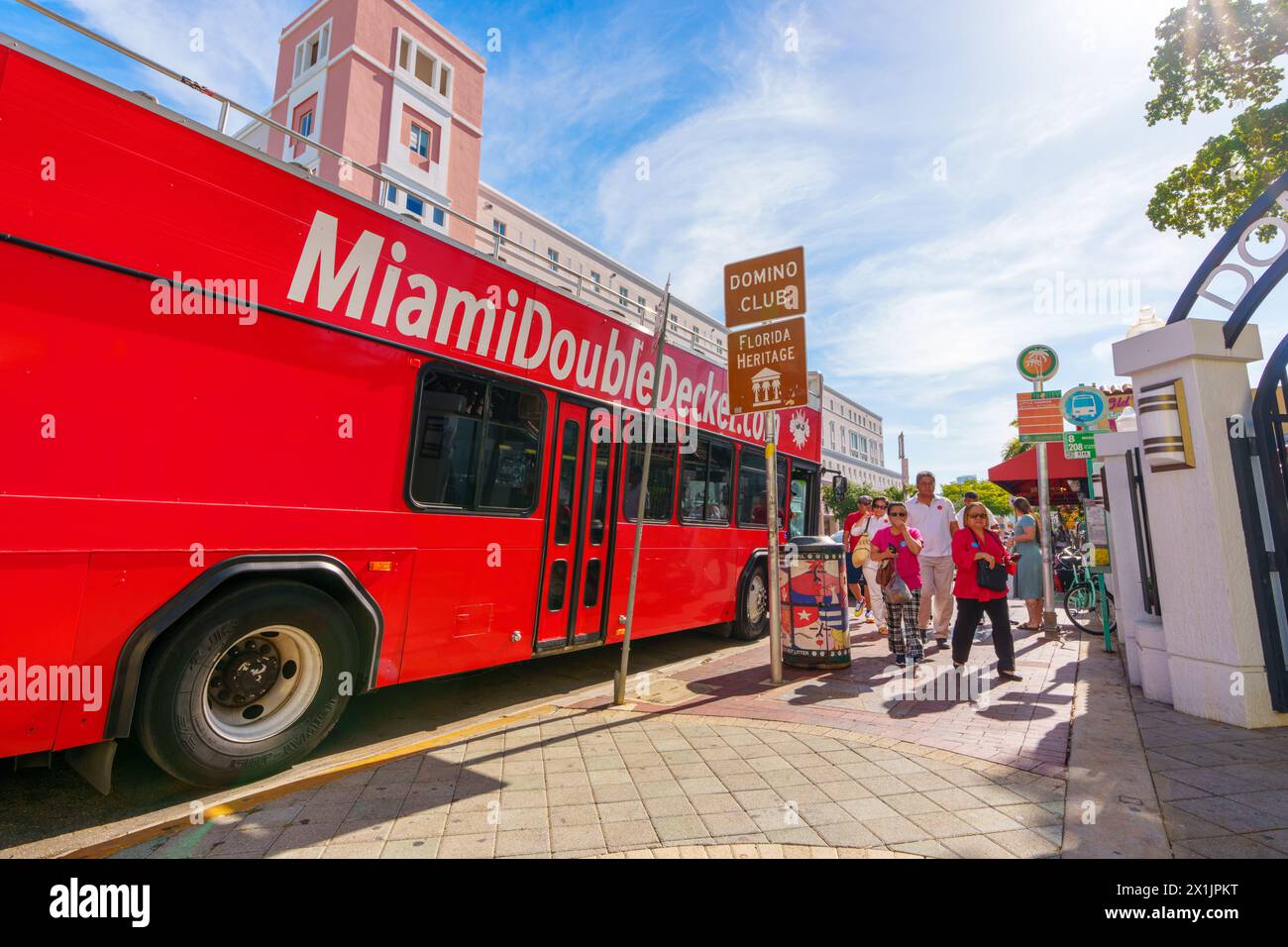 Miami, FL, USA - April 12, 2024:Miami Double Decker bus unloading ...