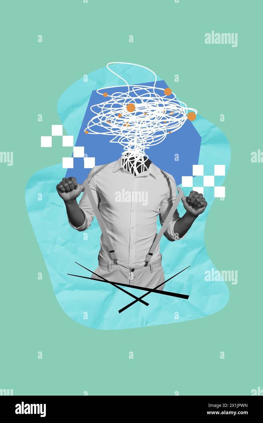 Vertical photo collage of headless guy wear shirt suspenders scribble ...
