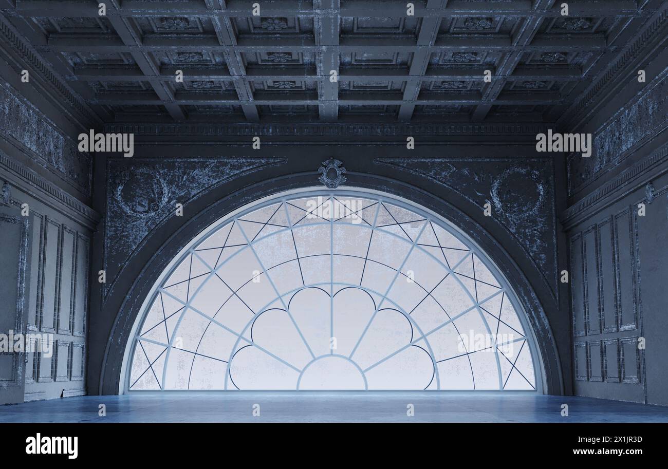 Abandoned office with large arched window Stock Photo - Alamy