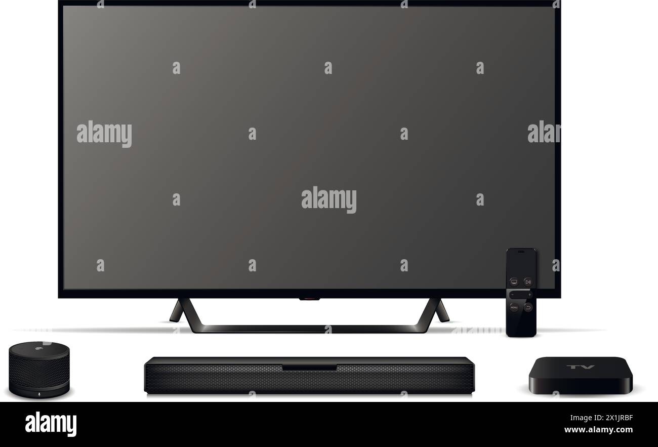 Modern oled tv with sound bar, tv set-top box and smart speaker. Vector ...
