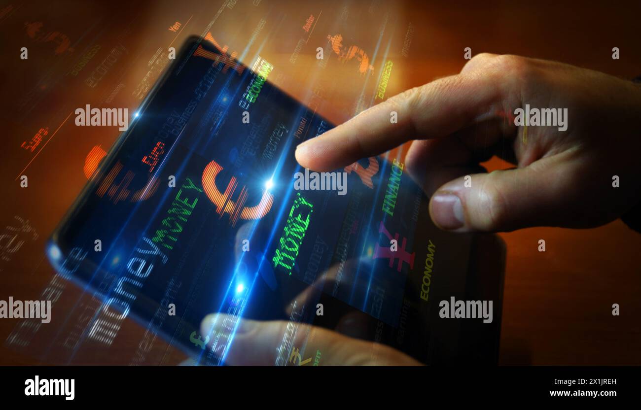 Currency dollar euro yen poud yuan symbol technology concept. Abstract ...