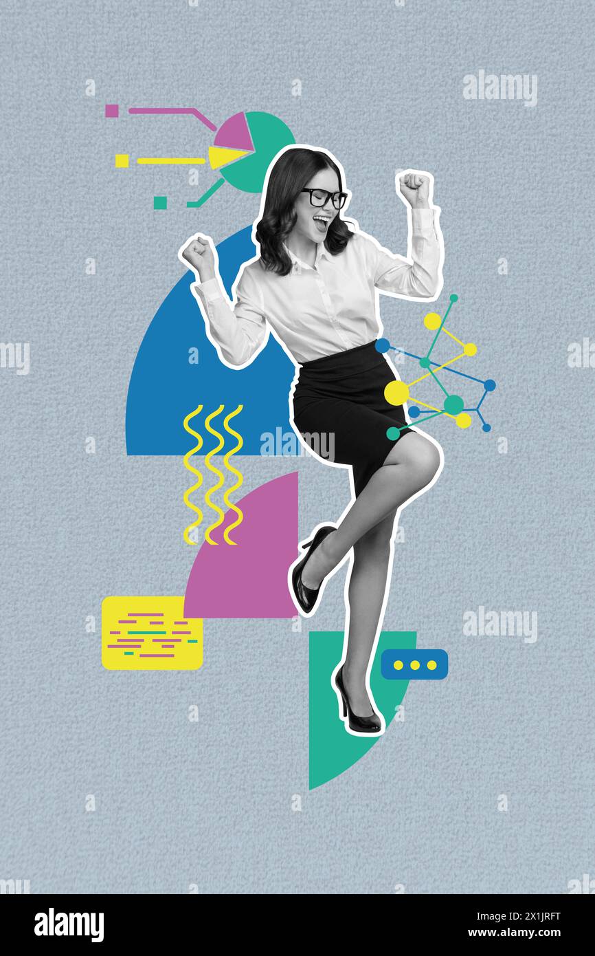 Vertical image collage of happy businesswoman stand charts diagram ...