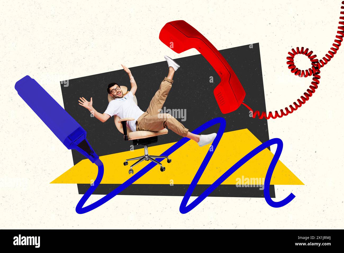 Composite photo collage of excited shocked man ride chair telephone ...