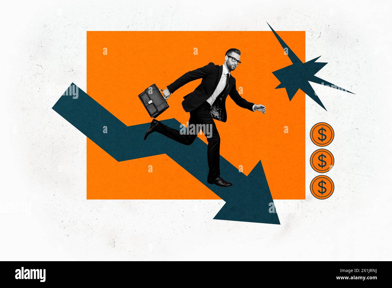 Composite photo collage of serious guy run arrow down bankrupt ...