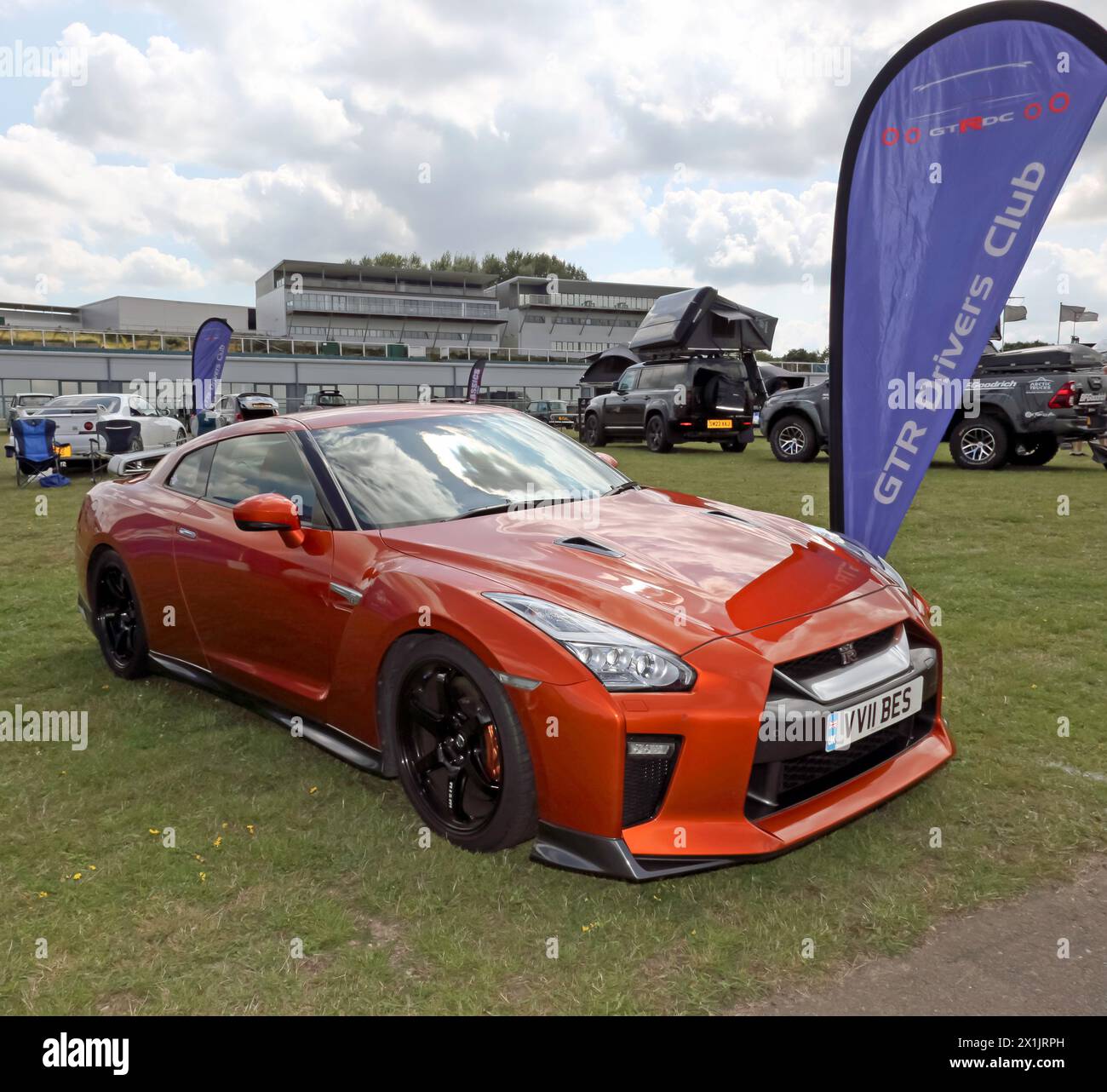 Three-quarter front view of a Nissan GTR, on display at the 2023 ...