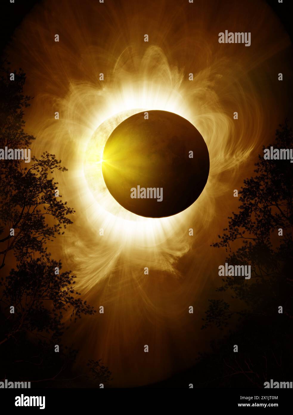 Solar Eclipse. The moon moving in front of the sun.3D illustration ...