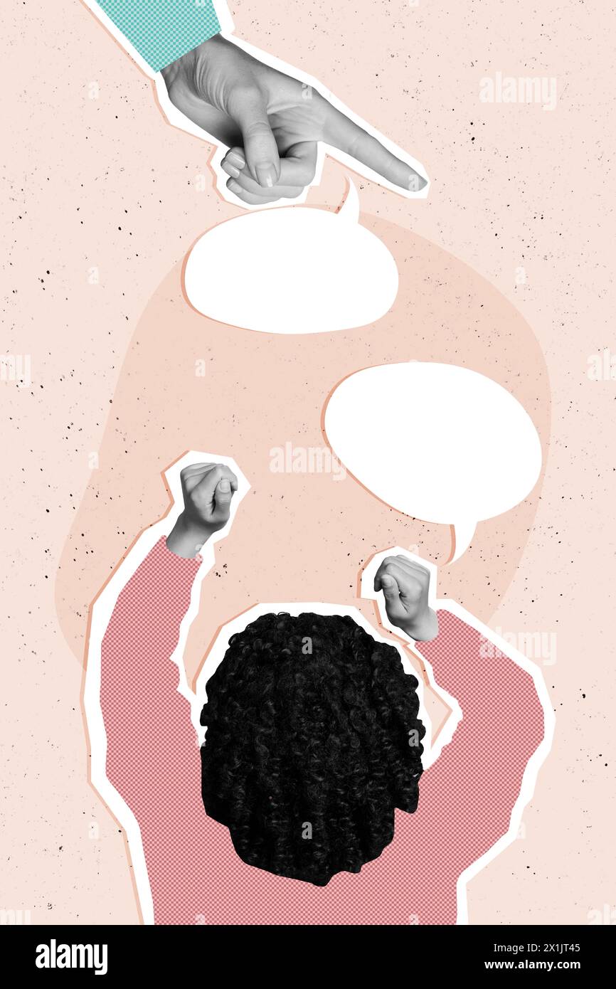 Vertical collage young girl angry mad conflict discrimination human ...