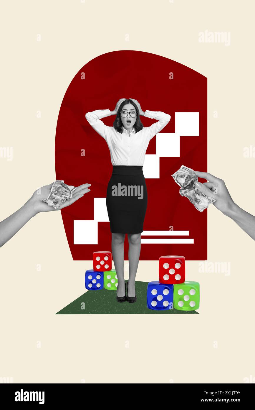 Vertical photo collage of shocked young girl failure casino game cubes ...