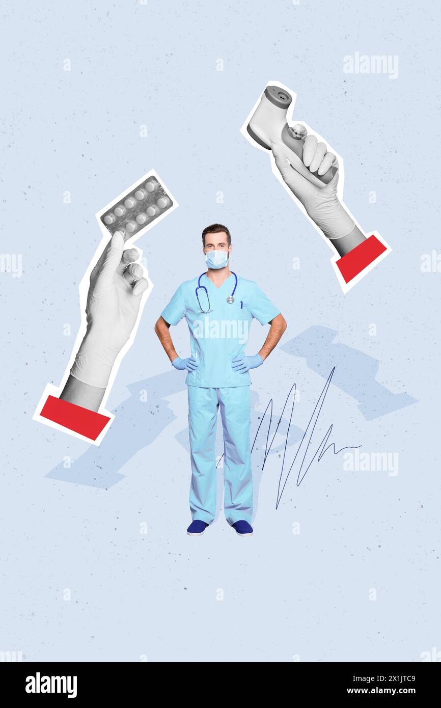 Vertical creative collage picture young healthcare hospital doctor ...